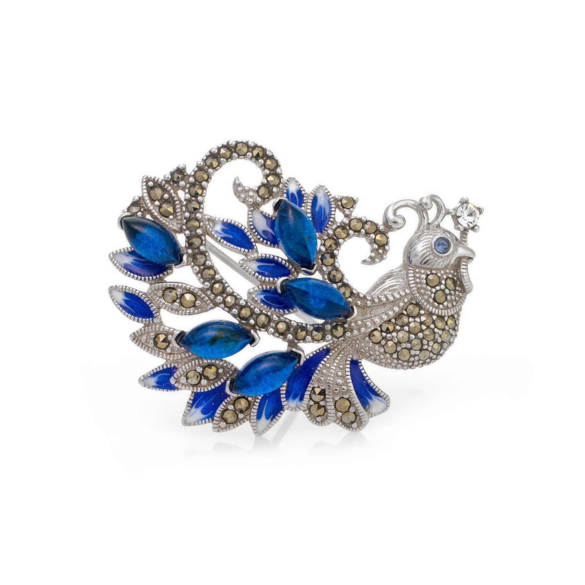 Брошь Diamant online, серебро, 925 проба, родирование, янтарь, эмаль, кристалл