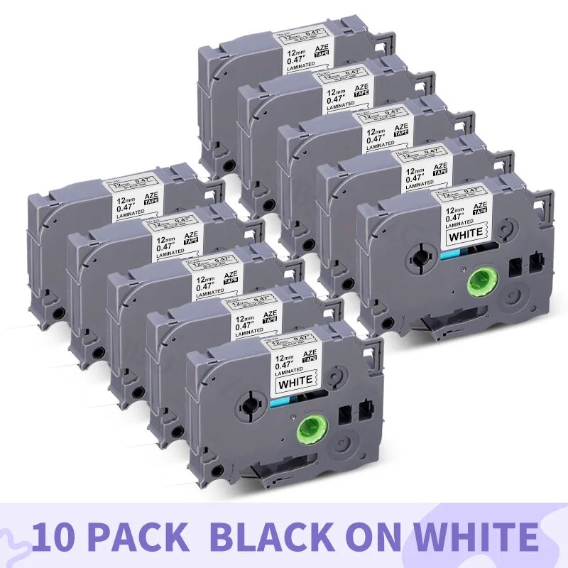 Лента для этикеток IBOQVZG, 10 шт, 6/9/12/18/24 мм для Brother P-Touch 10PK Black on White, 12 мм