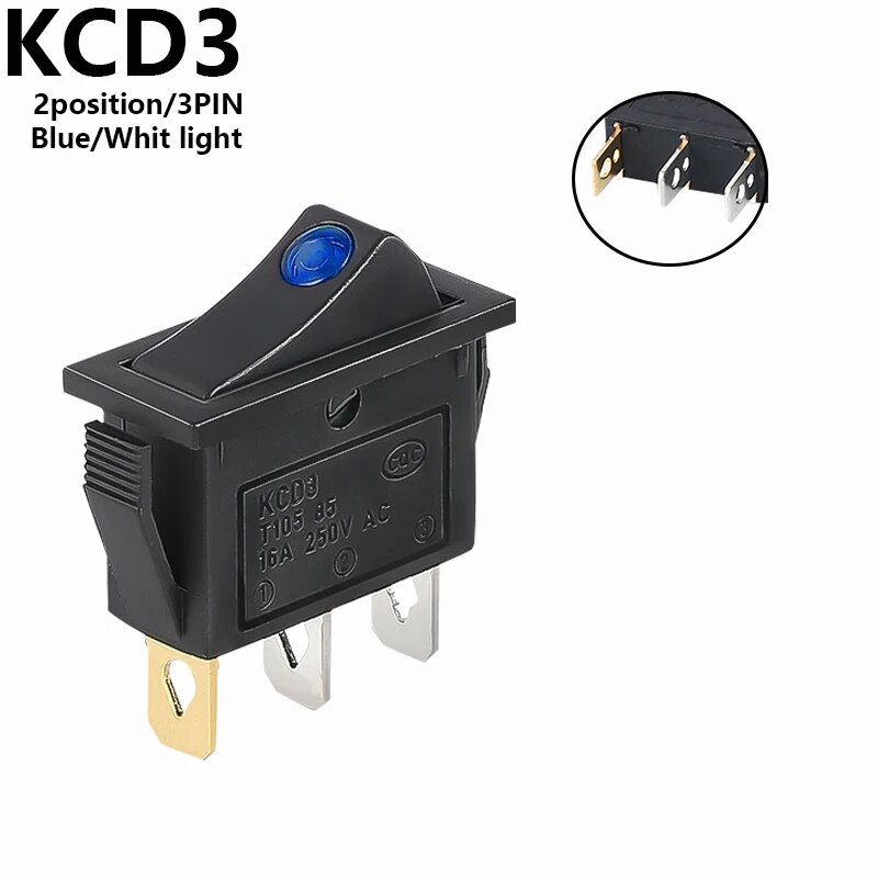 Переключатель KCD3 2-позиция, 3PIN, синий свет