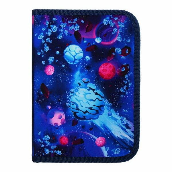 Пенал 1 секция, 140 x 200 x 40 мм, 2 откидные планки, тканевый, "Вселенная" синий NPk 74288