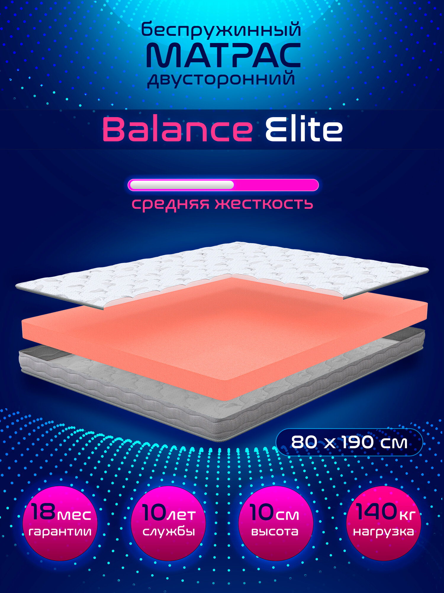 Матрас беспружинный, 80х190, ортопедический, анатомический, Balance Elite