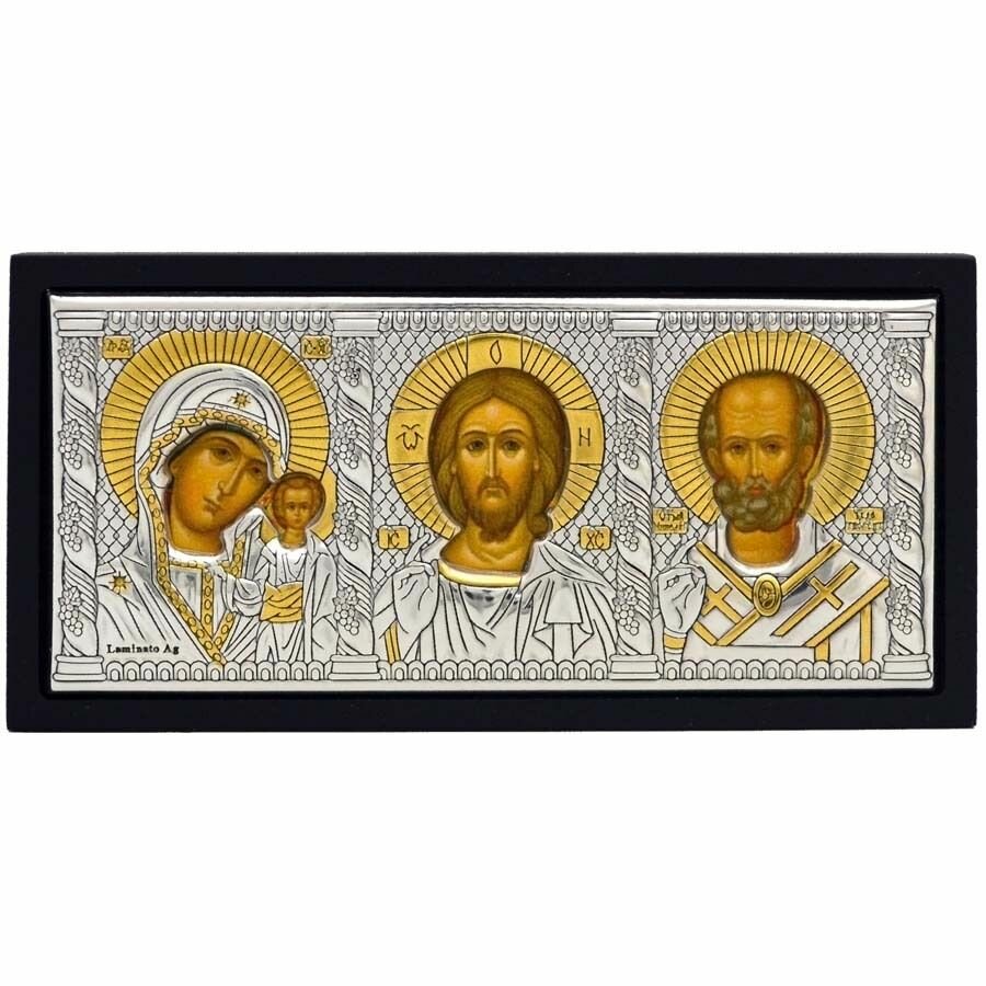 Триптих (Спаситель, Богородица, Николай Угодник). Автомобильная икона. 11 х 5.5 см (5.5 х 11 см / С позолотой на окладе)