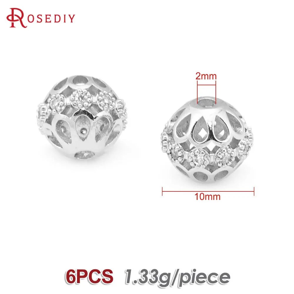 Полые бусины-разделители Rosediy из латуни и циркония 6/8/10 мм 45349-Platinum Color