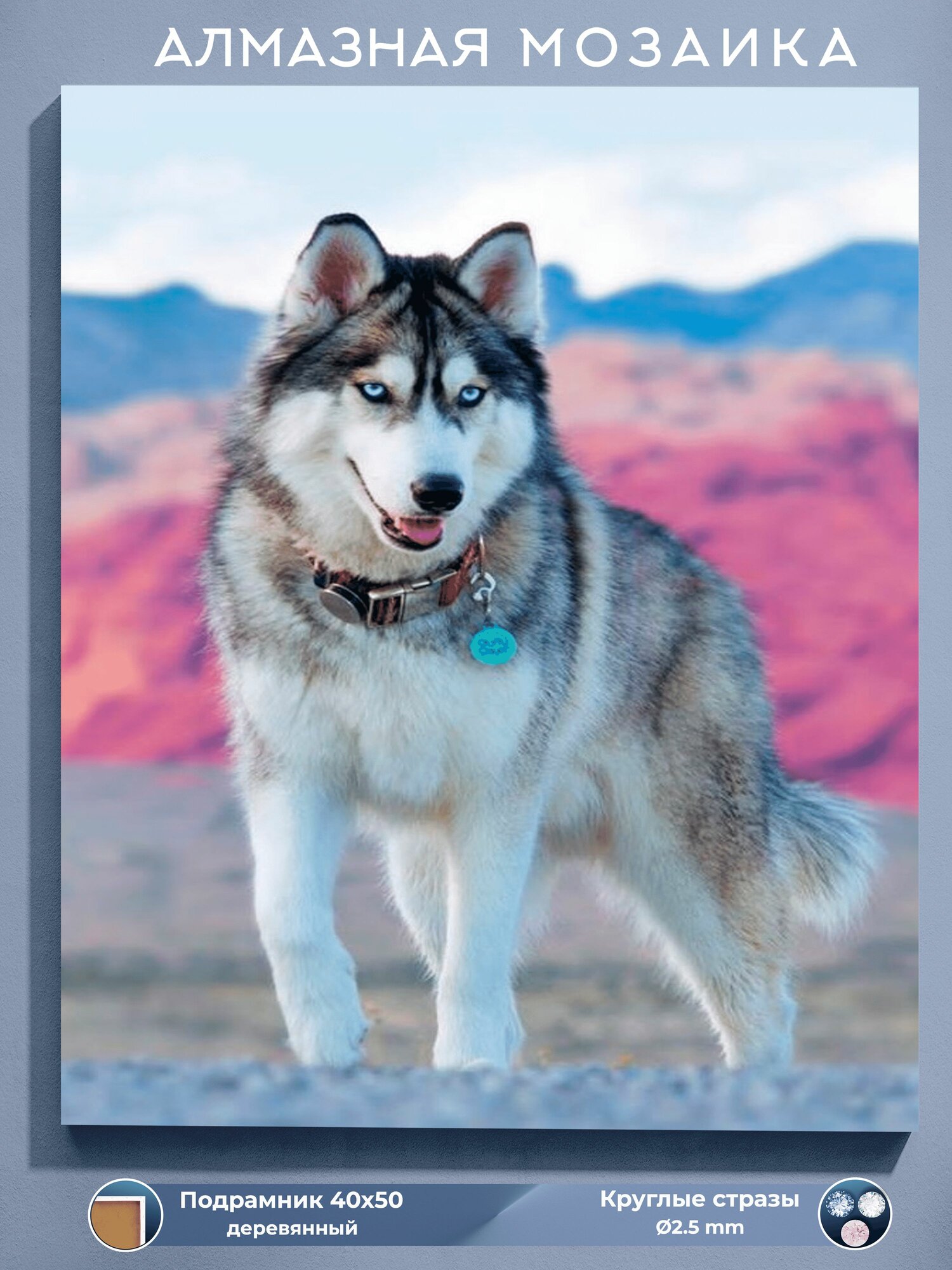 Алмазная мозаика 40х50 Хаски на фоне гор (картина стразами с декоративной рамкой)