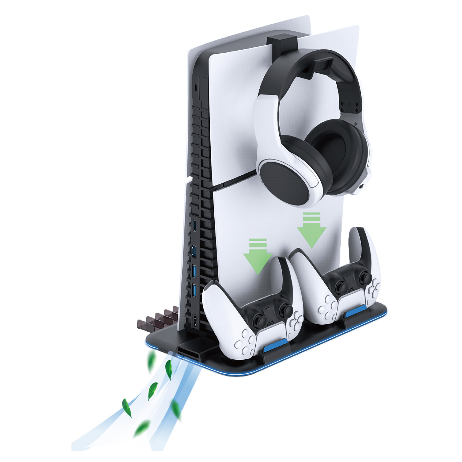 Вертикальный стенд Artplays Cooling Fan PS5 Slim DE/UHD: зарядка DualSense, крепление для наушников, белый цвет