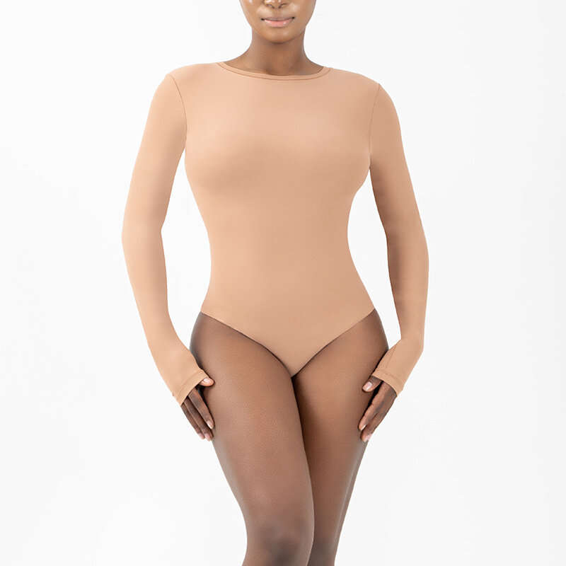 Боди, телесный, с длинным рукавом, XL, светло-коричневое
