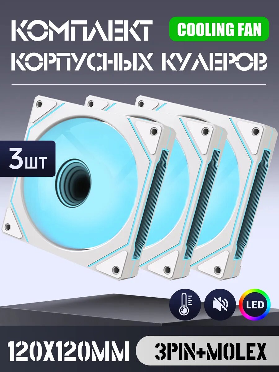 Вентилятор для пк 120 мм *3 шт, Вентилятор для корпуса компьютера 120х120мм с RGB подсветкой.