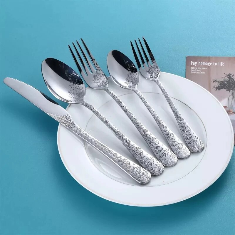 Набор столовых приборов из нержавеющей стали с золотым покрытием Dinnerware Cutlery Set Silver 5Pcs