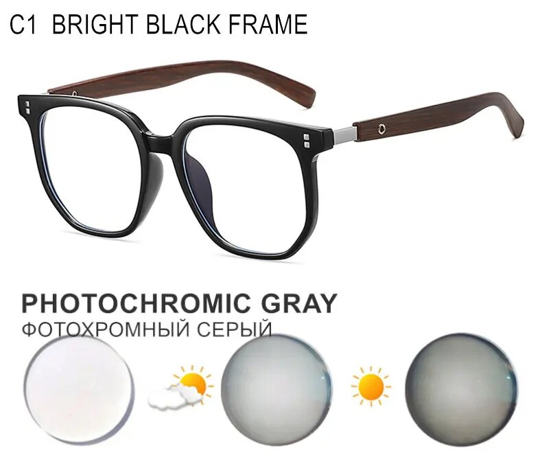 SUMONDY очки для близорукости TR90 деревянная оправа UF133 PHOTO GRAY LENS C1, Серый, -350(-3.5)
