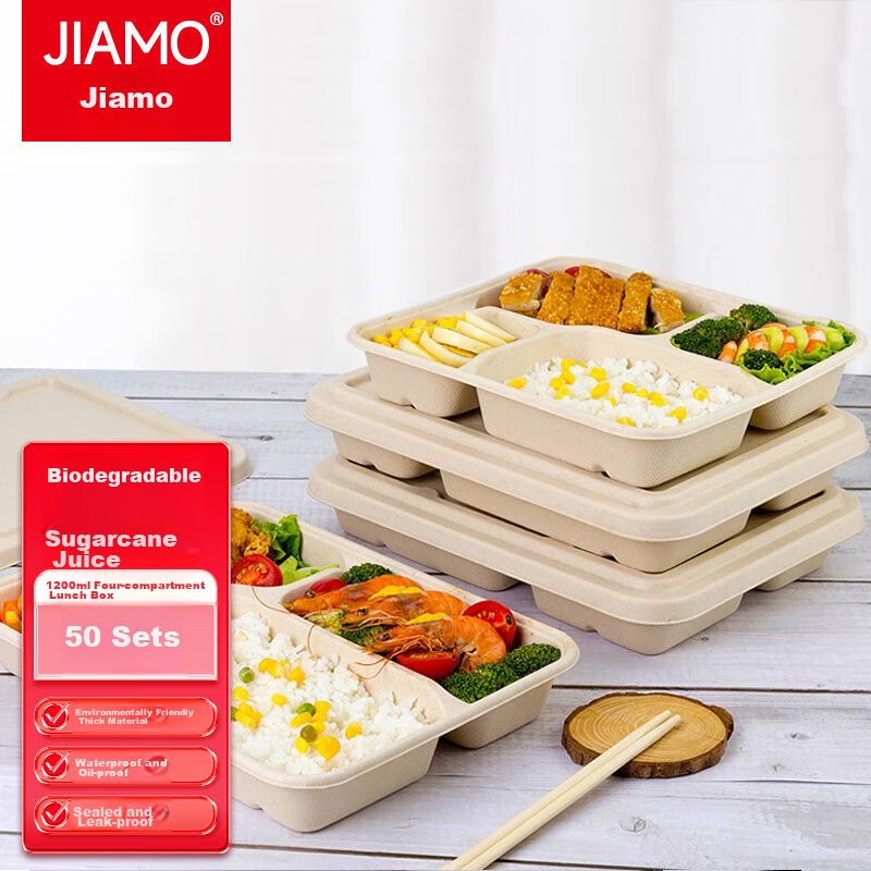 Jiamo Disposable Food Containers with Lids, Four Compartments, Biodegradable, 1200ml*50 Sets, Takeout Packaging, Thickened Lunch Boxes