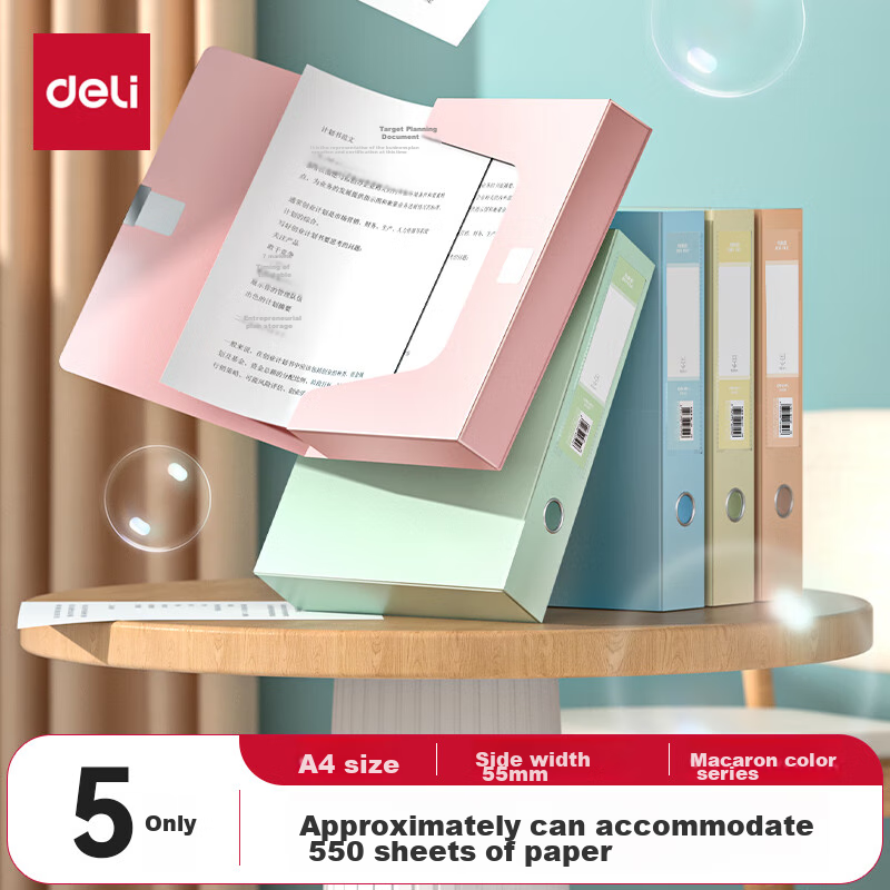 Deli 5 Pieces 55mm A4 File Boxes Plastic Document Boxes, Financial Voucher Study Material File Storage Boxes, Office Supplies, PA110-5 Mixed Colors