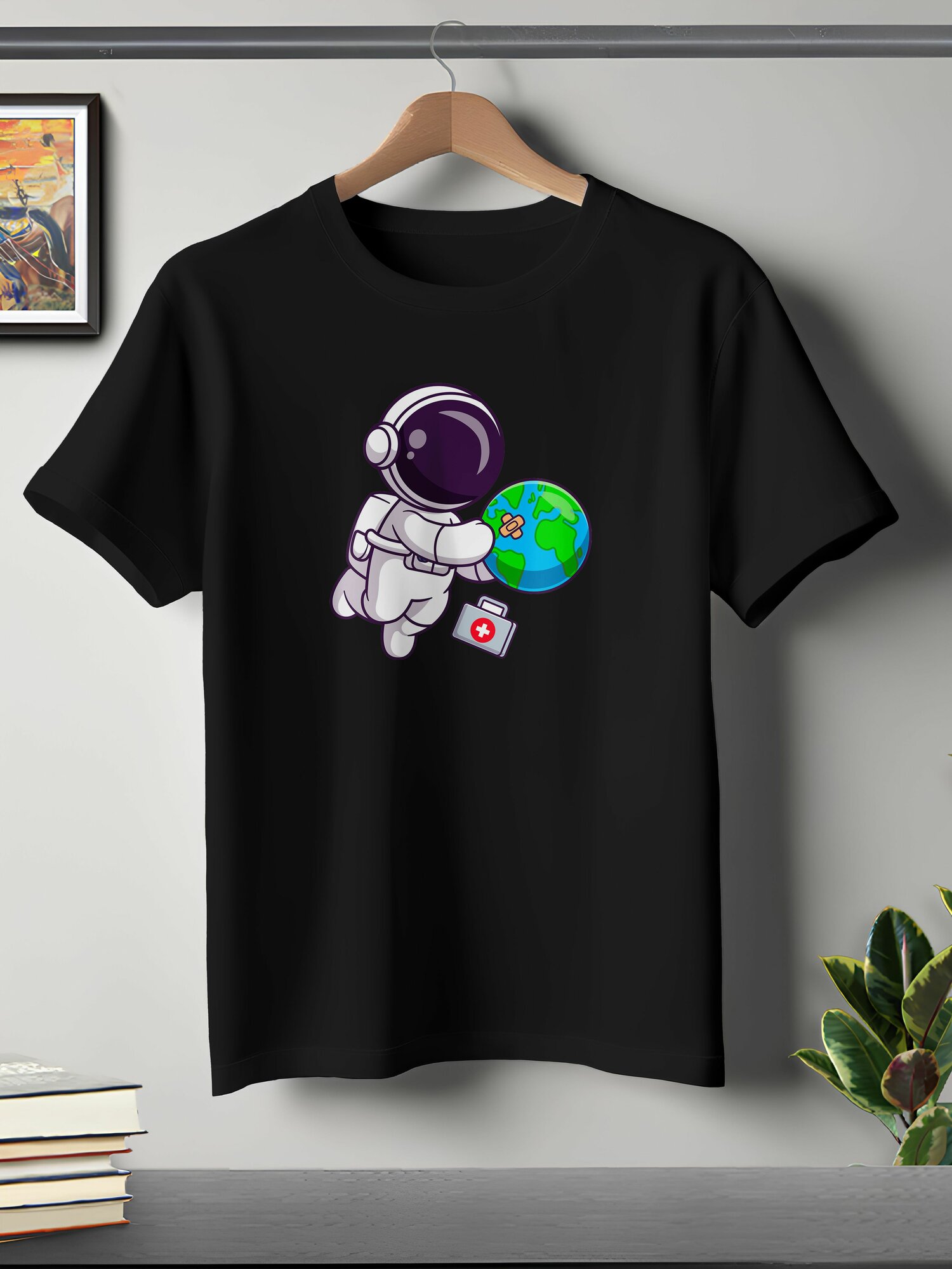 Футболка ONEQ унисекс 50-52 (XL) размер с принтом Космонавт, черная