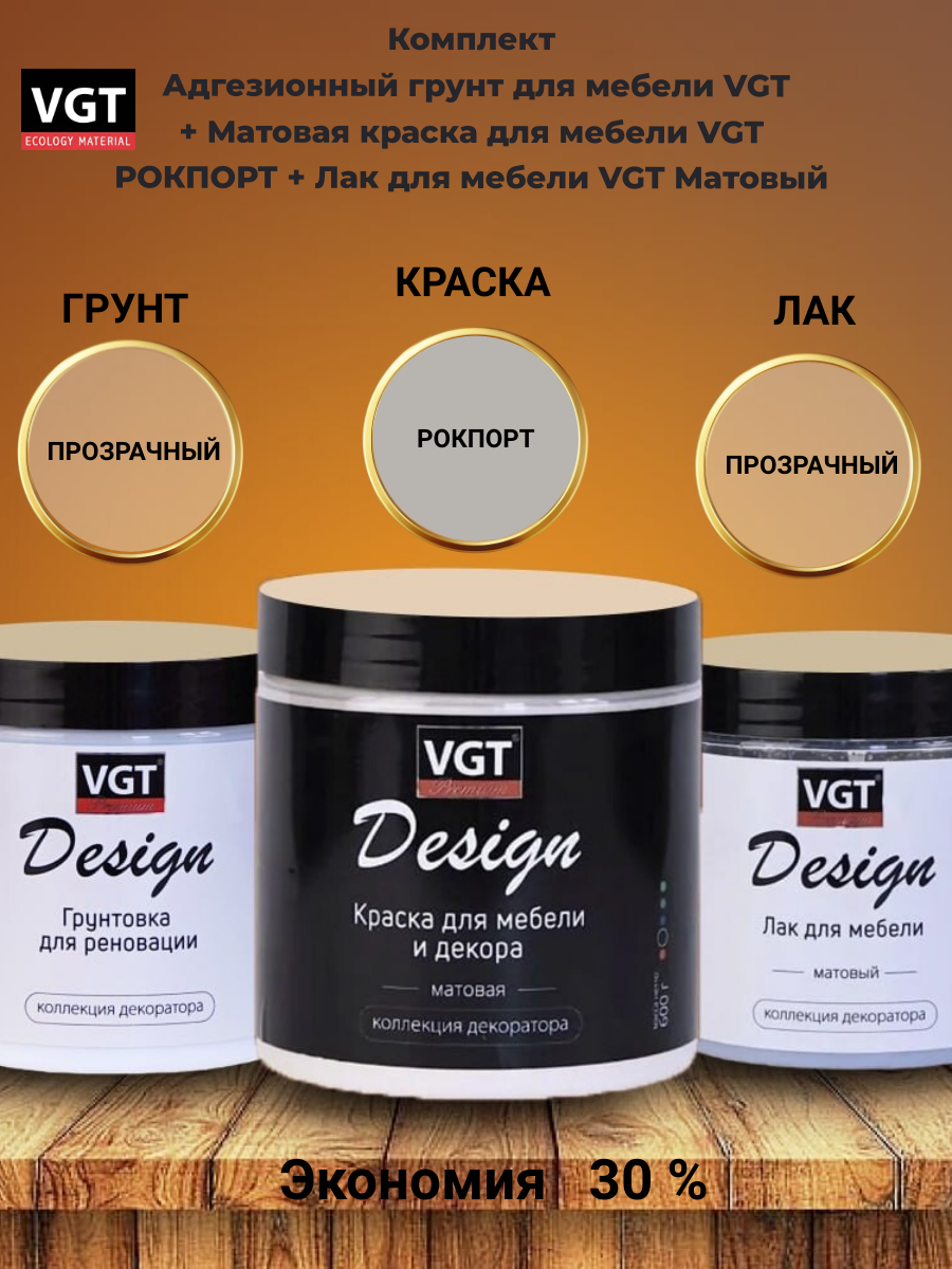 Комплект Адгезионный грунт для мебели VGT + Матовая краска для мебели VGT рокпорт + Лак для мебели VGT Матовый