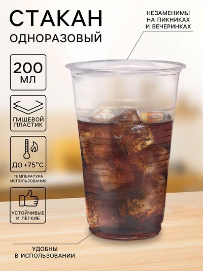 Стакан одноразовый пластиковый «Евро», 200 мл, прозрачный