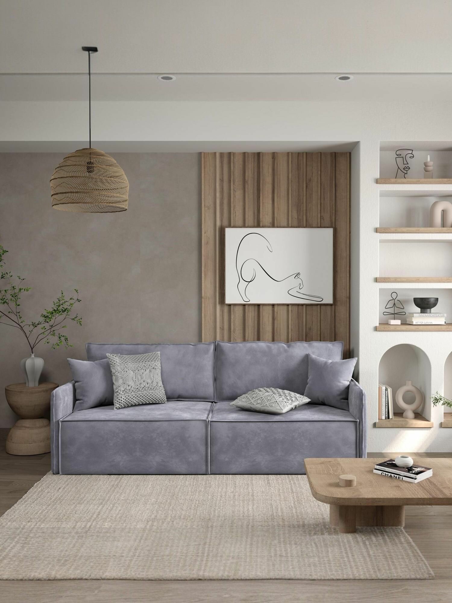 Прямой диван Manons Maison Hygge Slim, раскладной механизм Еврокнижка, Велюр серый, 218х100х86 см