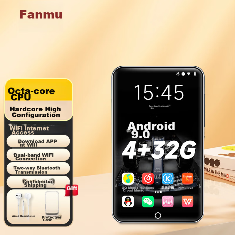 Fanmu BF61 MP3/MP4 Player with WiFi Internet Access, 4+32GB RAM, MP5 Lossless Music Portable Player, Android 9.0, Bluetooth Speaker, Video E-Book Reader