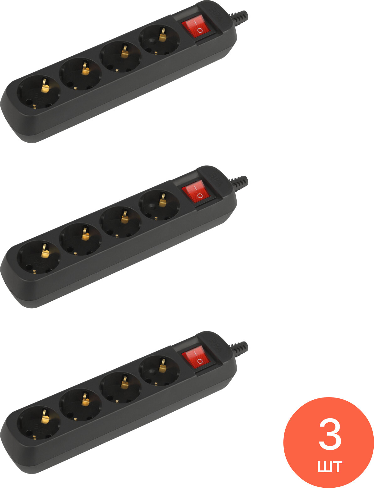 Блок розеток ЭРА KX-4es-B 4 гнезда 16А 3500Вт IP20 с заземляющими контактами и выключателем, черный Б0061734 / колодка электрическая для удлинителя (комплект из 3 шт)