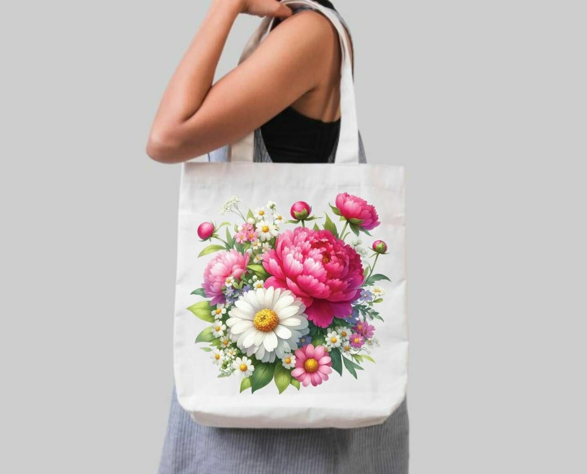 Термотрансфер "Ромашки с пионами" наклейка на одежду, 20х20