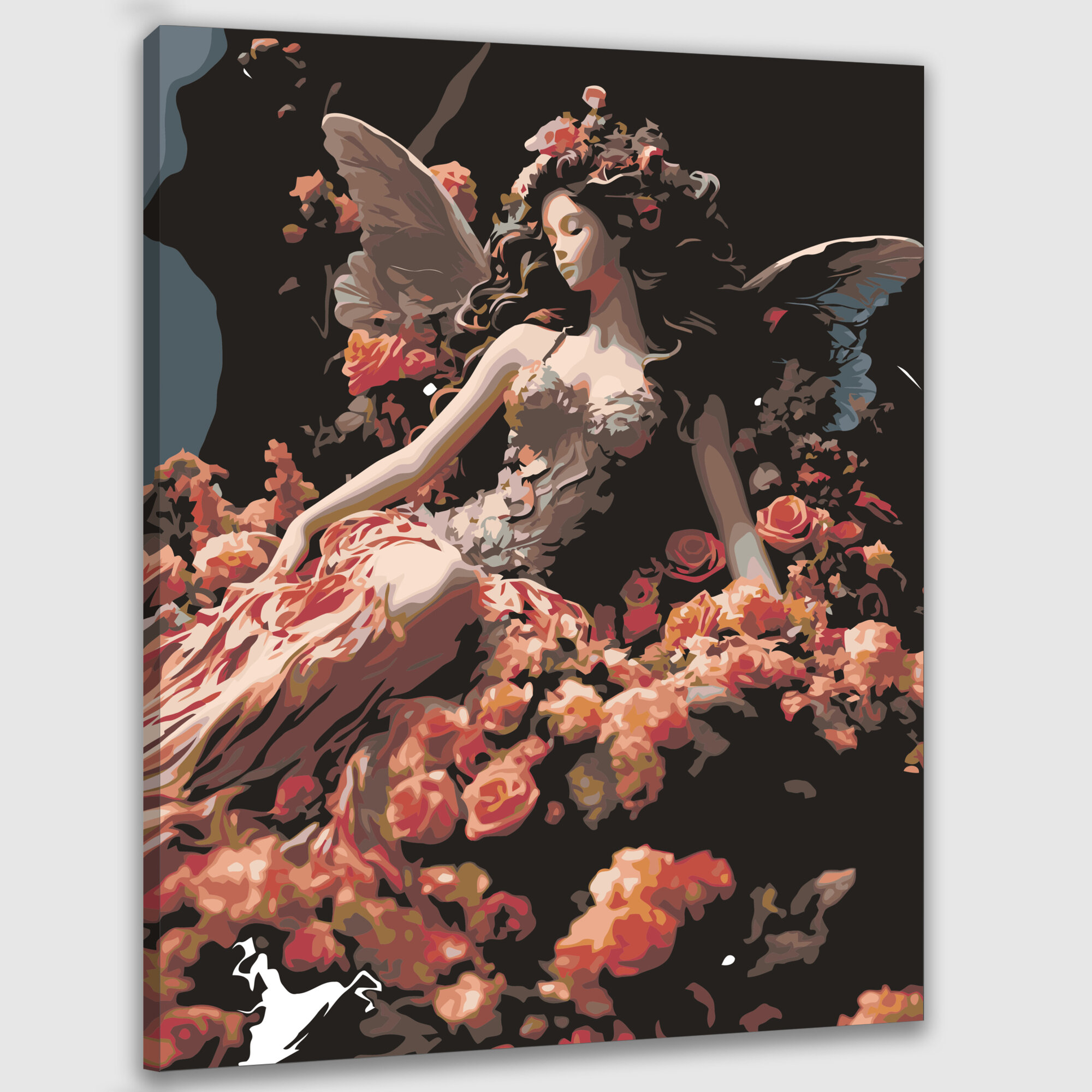 Картина по номерам 40x50 см, скульптура, цветочная фея, клумба, розы, детали крыльев, распущенные волосы, яркие цвета