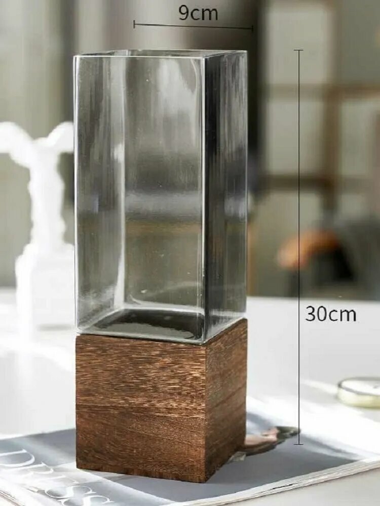 Ваза "квадрат с деревянным основанием", 30 см , Стекло, Дерево