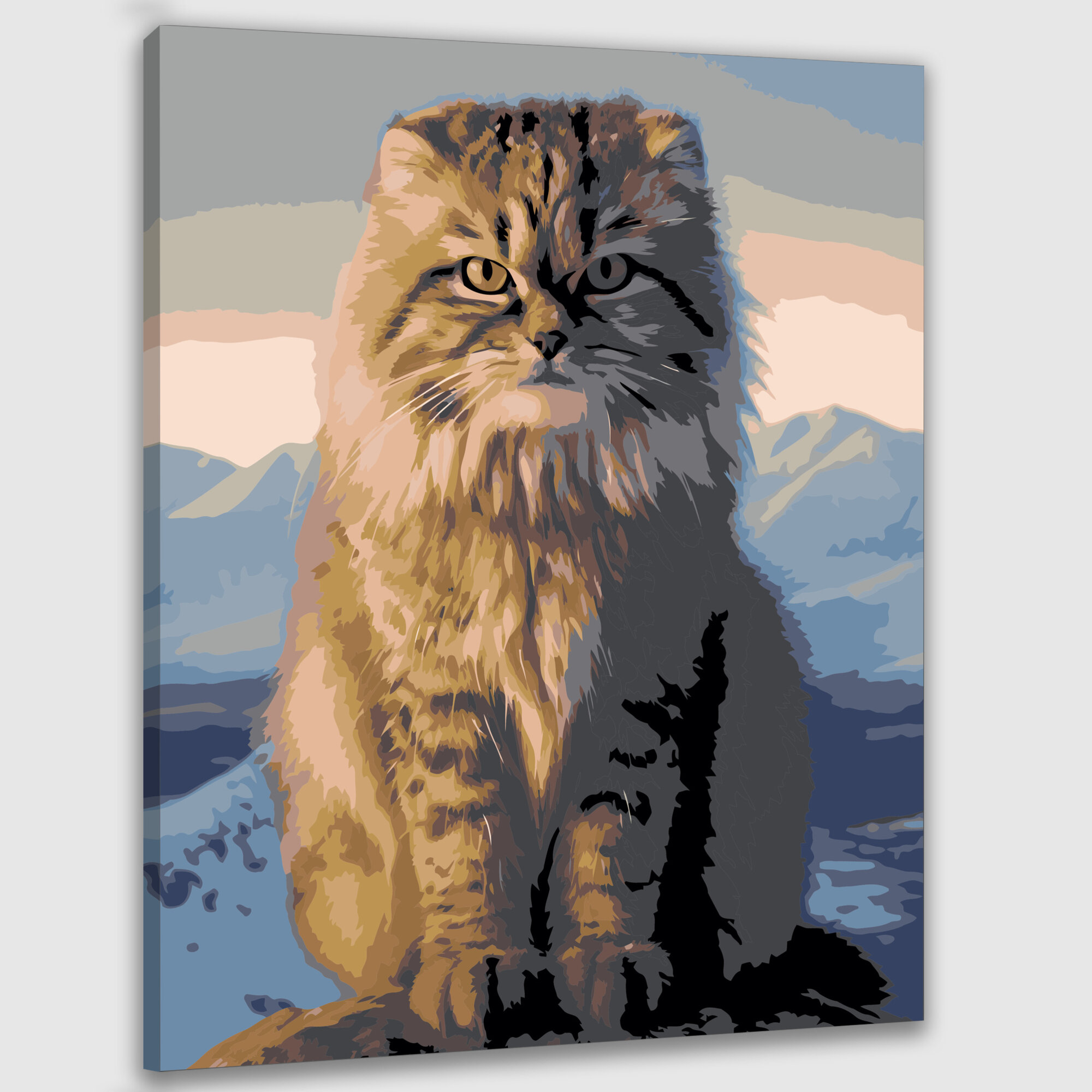 Картина по номерам 40x50 см, манул, гиперреализм, масло, гладкий мех, золотистый закат, заснеженный горный склон