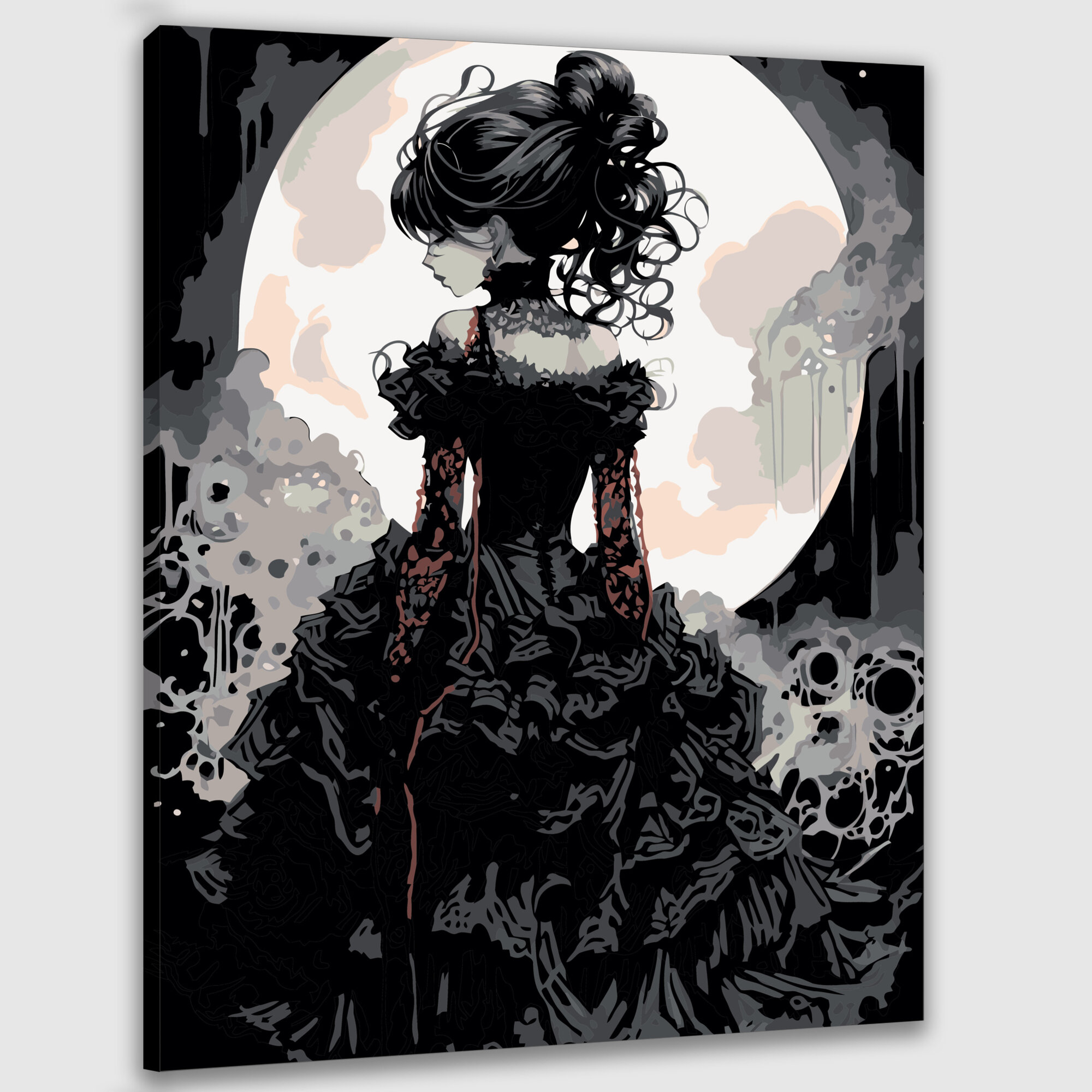 Картина по номерам 40x50 см, аниме, готическая лолита, элегантное платье, кружевные детали, силуэт, темная атмосфера
