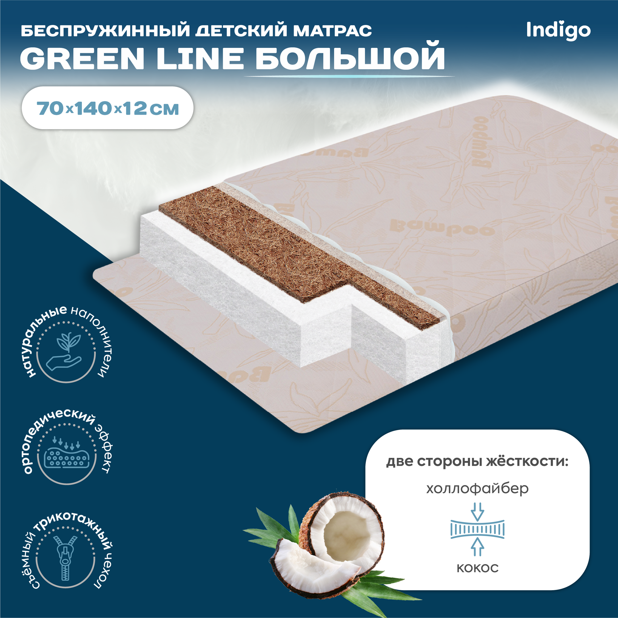 Матрас детский двусторонний в кроватку Indigo Green Line 70х140х12, белый