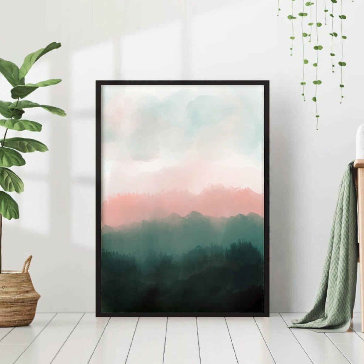 Постер "Абстракция пейзаж лес" 50х70 в черной рамке для интерьера на стену