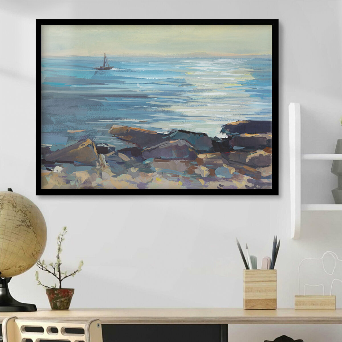 Постер "Пейзаж парусник на море " 40х50 см в черной рамке на стену для интерьера