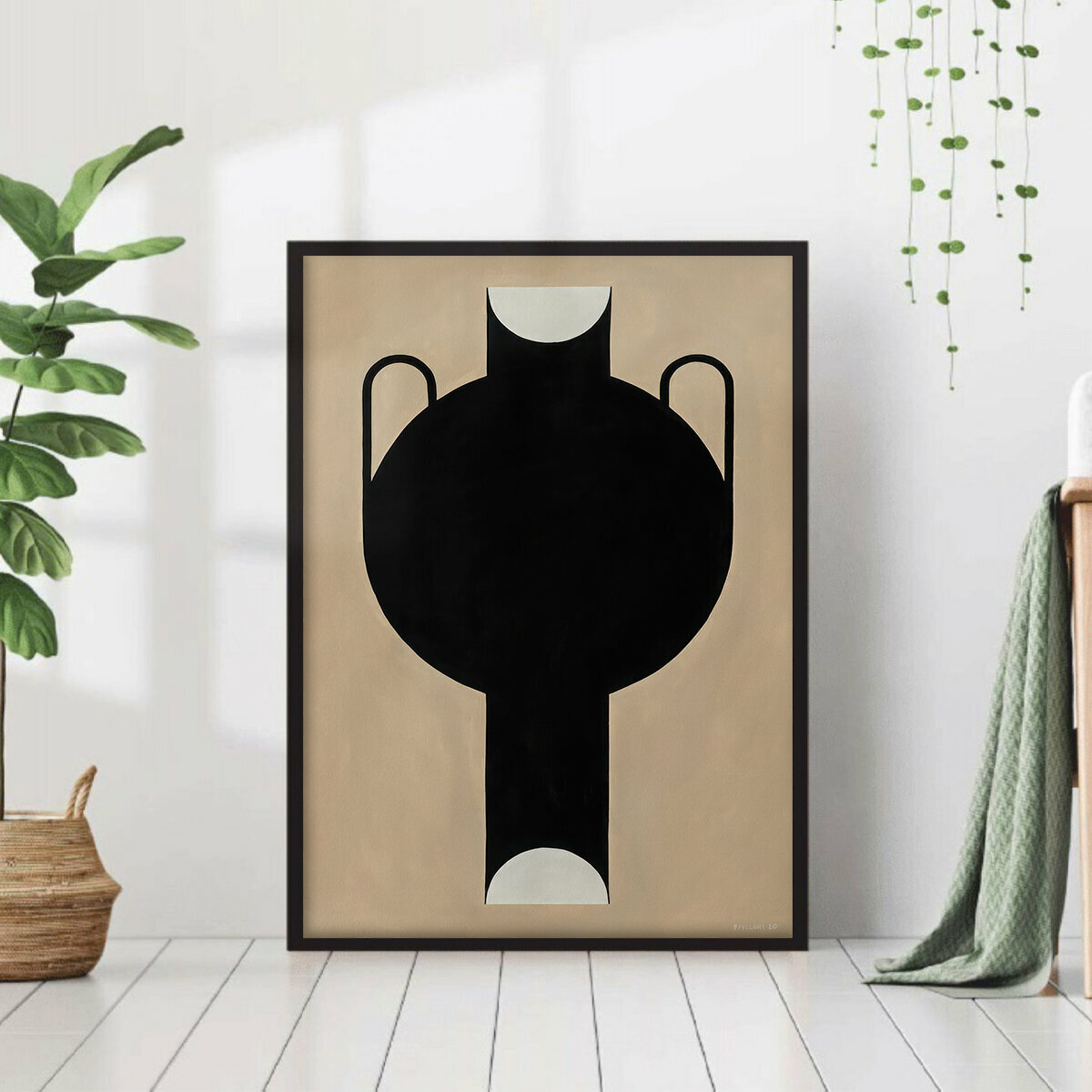 Постер "Абстрактная черная ваза на коричневом" 40x50 в черной рамке на стену для интерьера