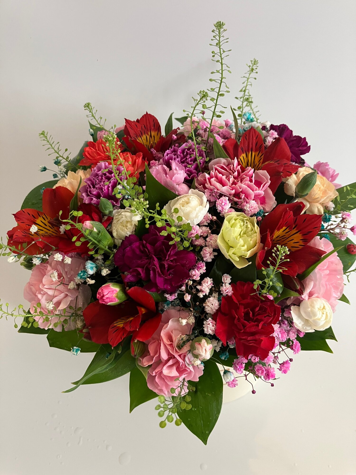 Букет композиция из кустовых гвоздик микс, с красной альстромерией, в бежевой коробке Мейсон.