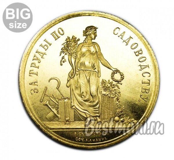 Памятная золотая медаль За труды по садоводству 1870 год сувенирная копия в бронзе, ордена медали и награды