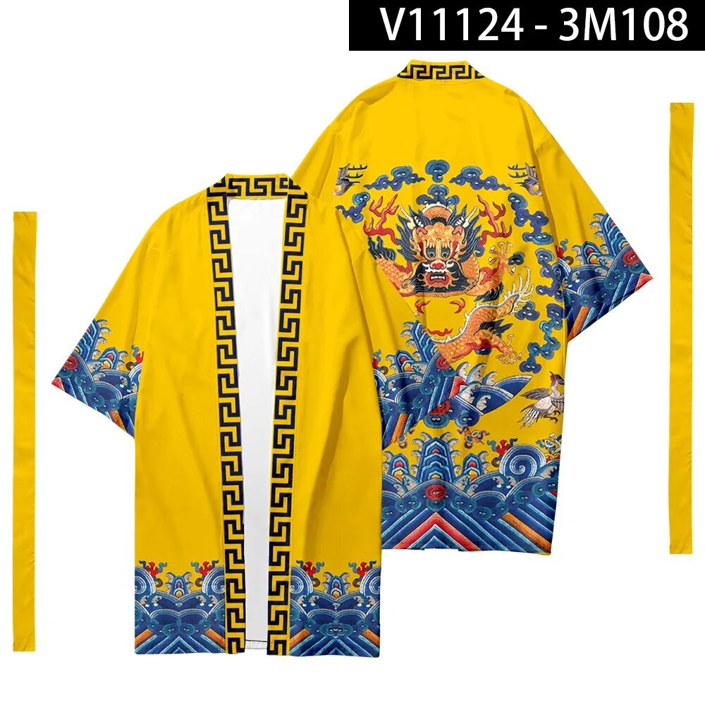 Желтое мужское кимоно с принтом дракона, style 16