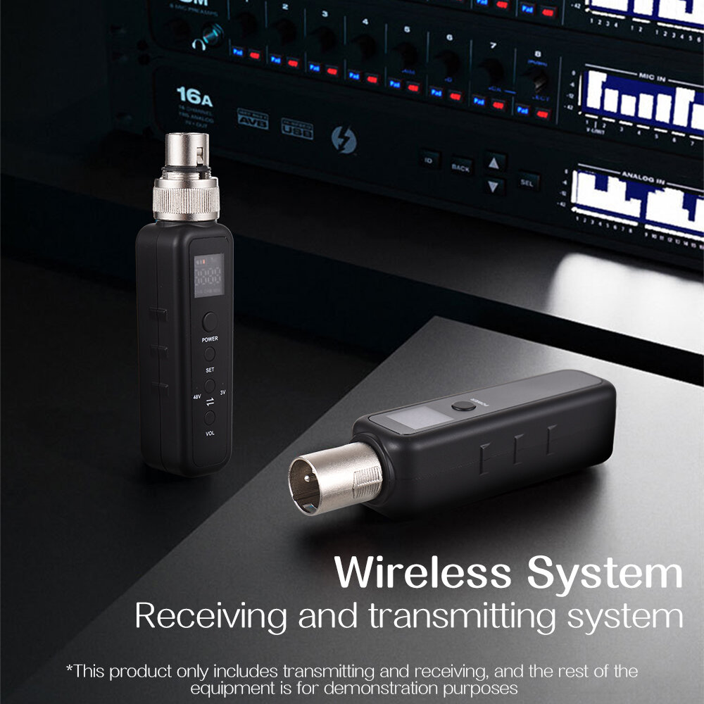 Микрофон, подключенный к беспроводному передатчику и приемнику Беспроводная микрофонная система UHF для аудиомикшера Усилитель динамика Автоматическая синхронизация частоты при запуске Двойное переключение режимов между 48 В и