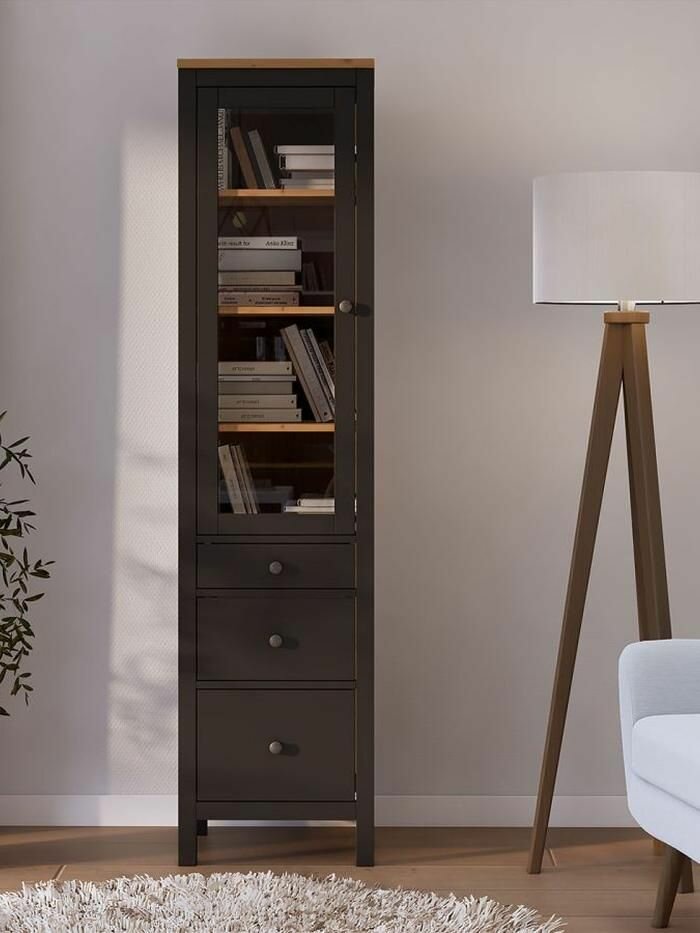 Шкаф-витрина Кымор с полками, с ящиками, 48х36х197 см, Черный, массив сосны / Светло-коричневый, массив сосны