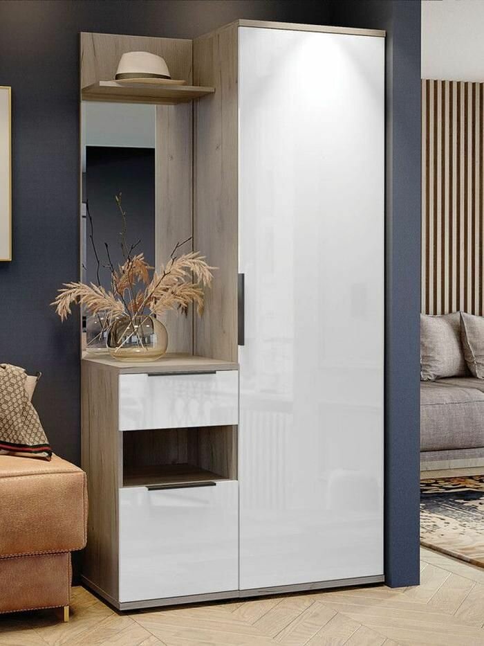 Прихожая комплект Элвин со шкафом, с комодом, с зеркалом, 103.4х43.3х204.2 см, Дуб Крафт / Белый глянец