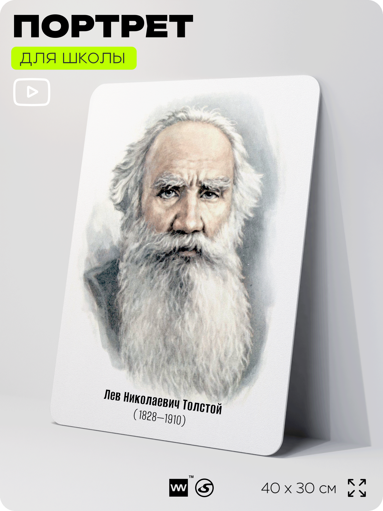 Портрет для школы в кабинет литературы и русского языка "Толстой Лев Николаевич", стенд школьный для класса, для оформления классного уголка, 40х30 см, Silver Plane x Айдентика Технолоджи