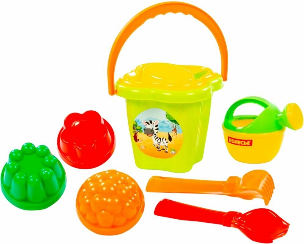 Песочный набор №157, в комплекте ведро, совок, грабли, 3 формочки, ситечко и лейка, детские пластиковые игрушки для песочницы