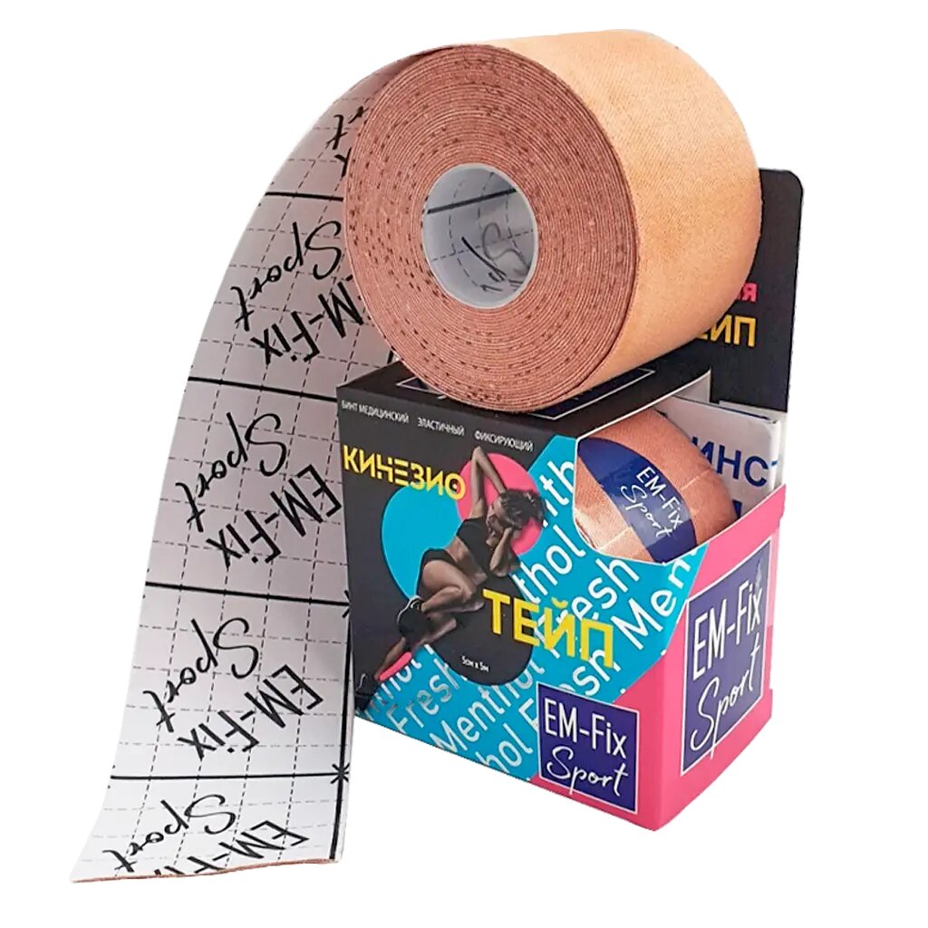 Кинезио-тейп EМ-Fix Sport усиленной фиксации бежевый с запахом ментола освежающий эффект 5 см х 5 м 1 шт