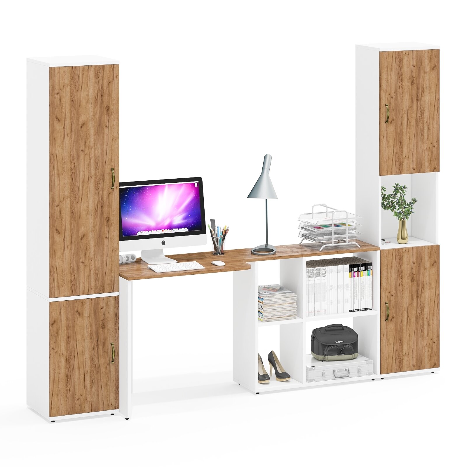 Стол-трансформер письменный Лидер-8 с пеналом с нишей и пеналом 21Б, белый/кр. зол, 245х50х190