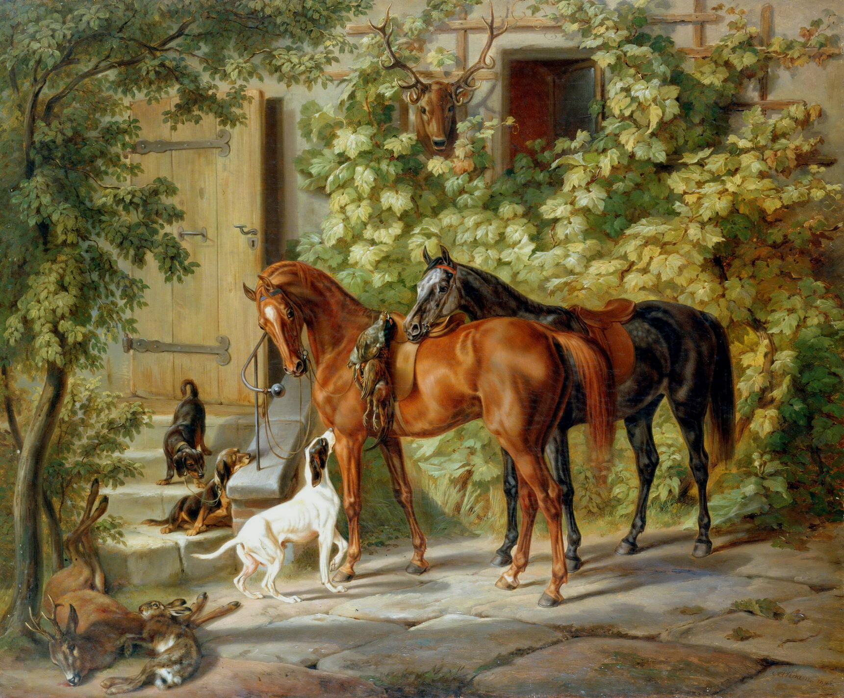 Картина Альбрехта Адама Лошади у крыльца 60х50 см