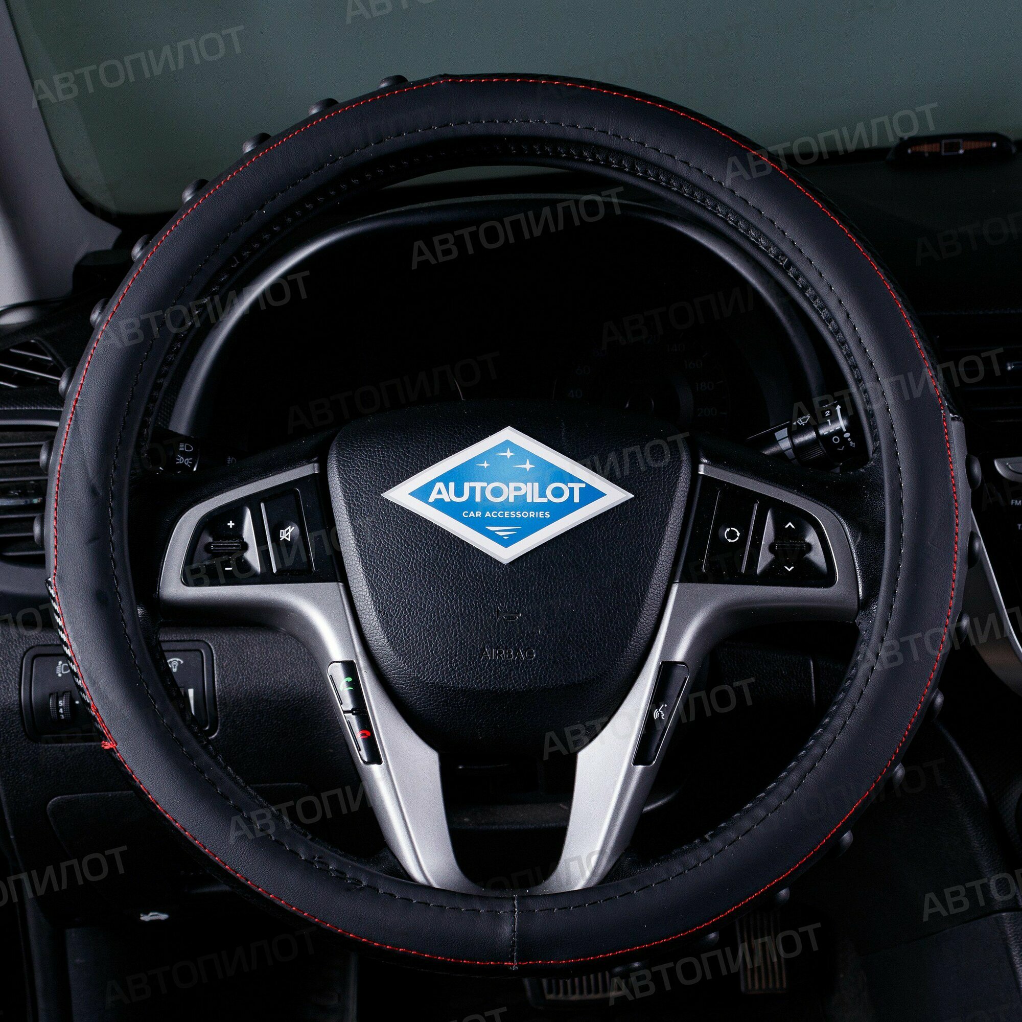 Оплетка на руль Renault / Рено Arkana , Duster , Kaptur , Logan , Megane и др, Черный + красная строчка, Чехол на руль 37 - 39 см