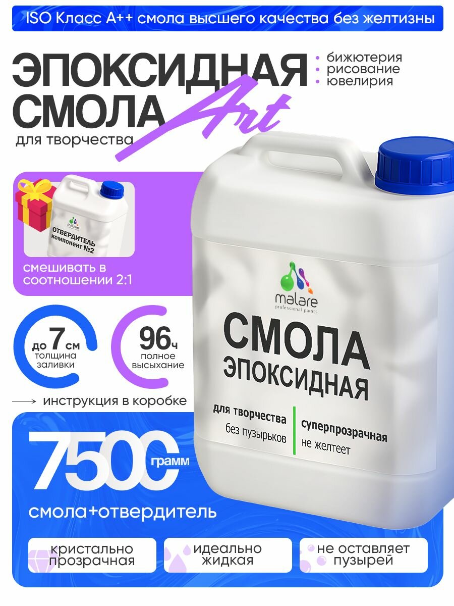 2К Эпоксидная смола Malare для творчества, двухкомпонентная кристально-прозрачная, самовыравнивающаяся высокопрочная, без запаха (5 кг+2.5 кг отвердитель)