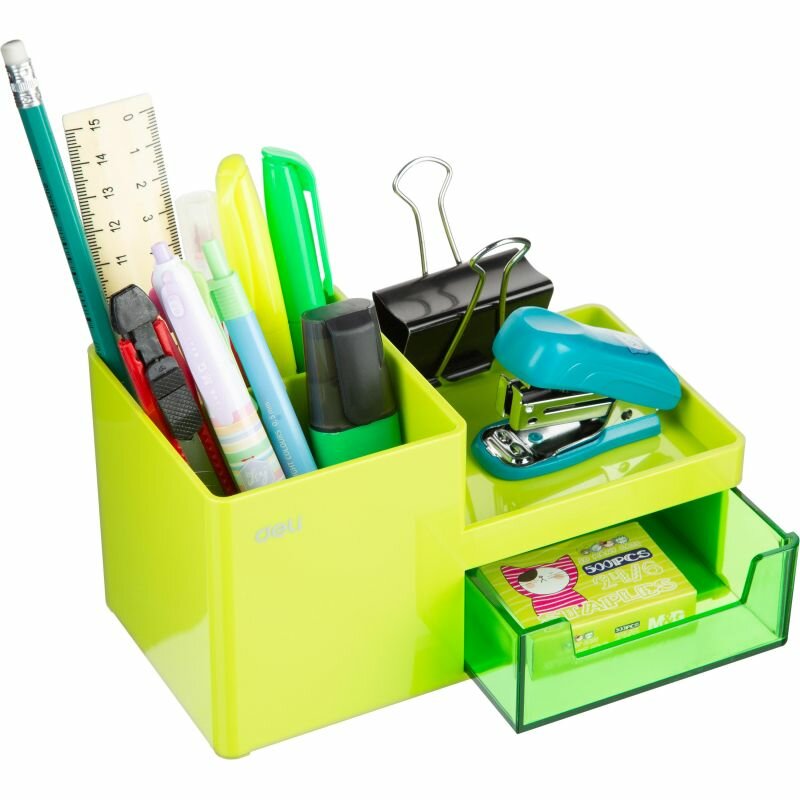 Подставка-органайзер Deli Rio EZ25150, один выдвижной лоток, 3 отделения, цвет зеленый