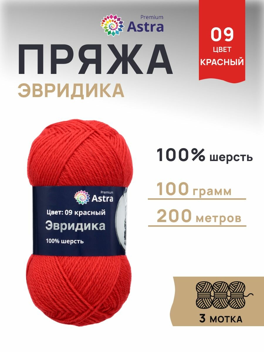 Пряжа для вязания Astra Premium 'Эвридика' 100г, 200м (100% овечья шерсть) (09 красный), 3 мотка