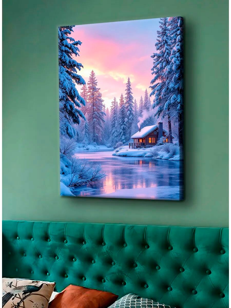 Картина "Зимнее озеро", интерьерная 50х70см 1шт, на деревянном подрамнике