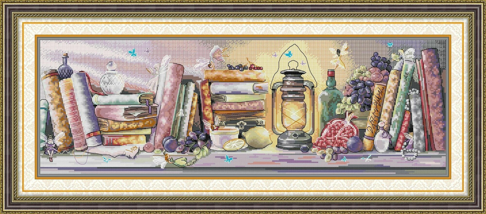 NKFвышивка крестом наборы, Схема на 14CT "Книжная полка с масляной лампой",62*23CM