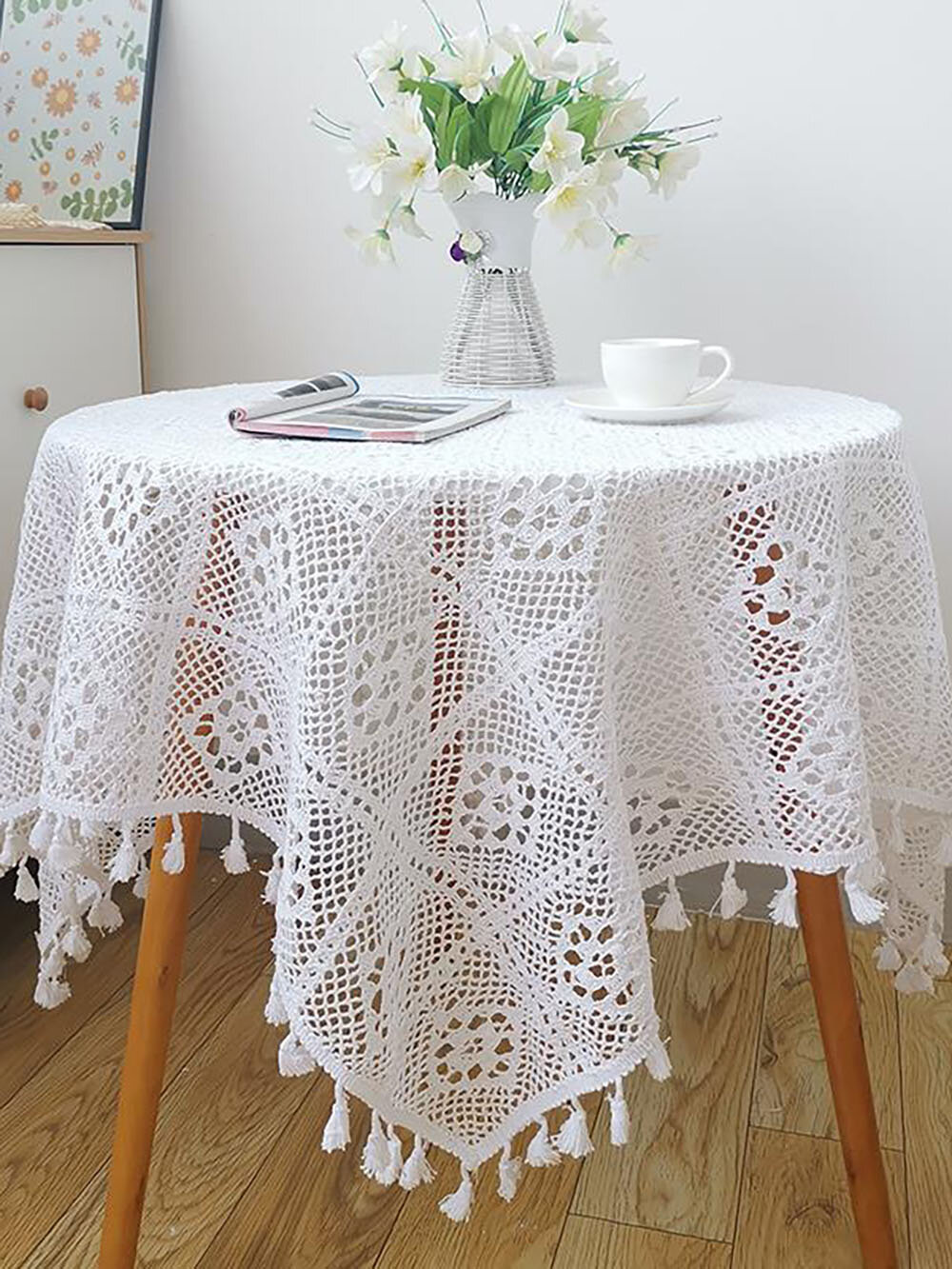 Скатерть кружевная, вязаная, Дорожка- скатерть ажурная хлопковая, с кисточками 100x140cm