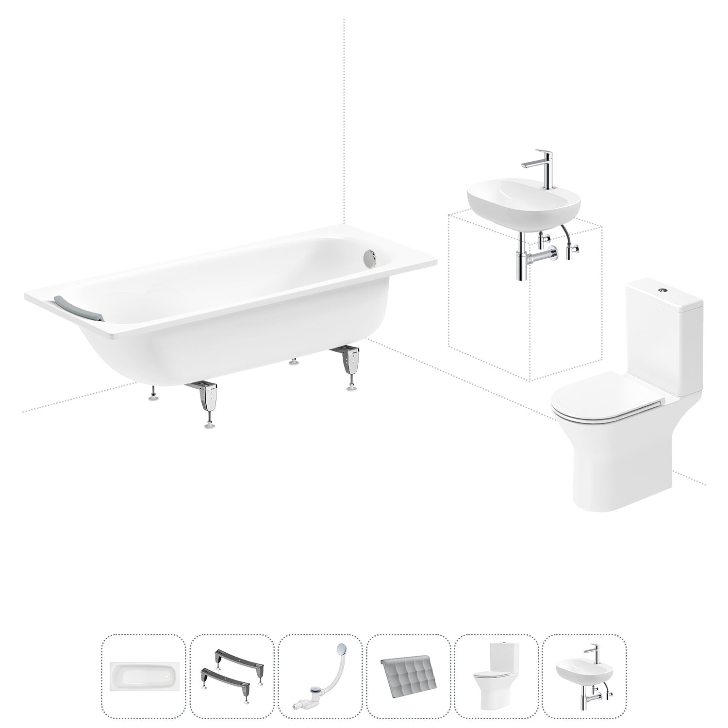 Стальная ванна 170х70 Sanitana BLB Universal 20220729R в наборе 6 в 1: металлическая ванна 170 х 70 см с шумоизоляцией, ножки, слив-перелив, подголовник, унитаз, раковина с комплектом для подключения