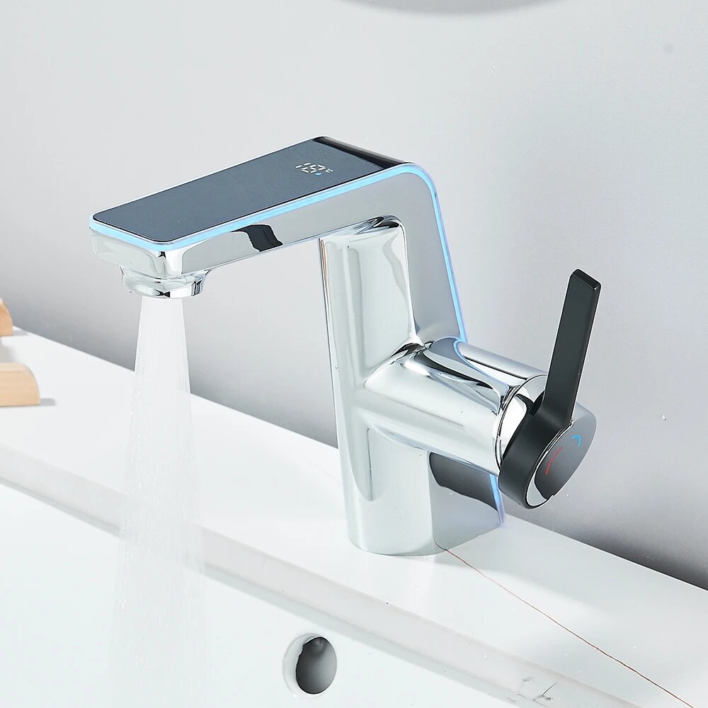 Белый дисплей температуры, смеситель для раковины, светодиодный светильник, 2 режима, распылитель, смеситель для раковины с горячей и холодной водой, смеситель для мытья с одним отверстием для ванной комнаты, Chrome